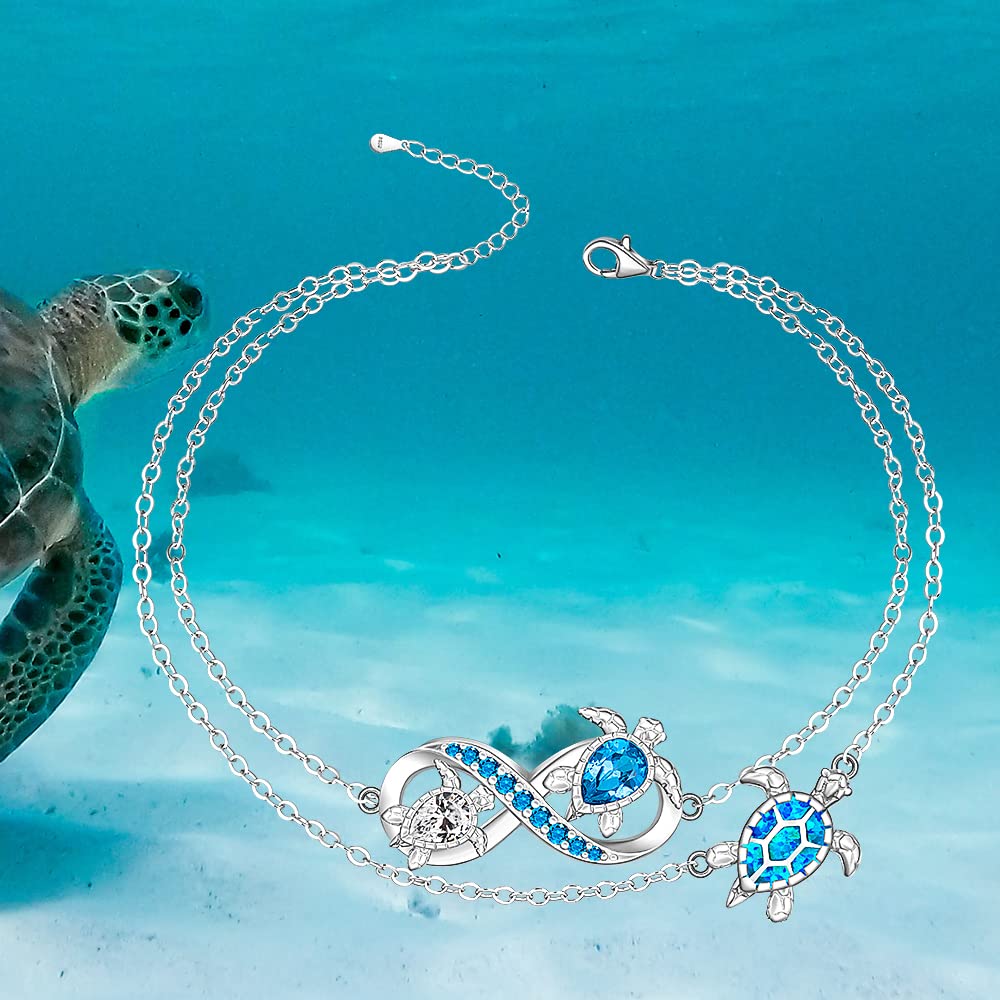 Turtle Anklet Blue Opal Sea Turtle Ankle Bracelets for Women Sterling Silver Infinity Wave Ocean Beach Summer Foot Bracelet Jewelry Layered Adjustable