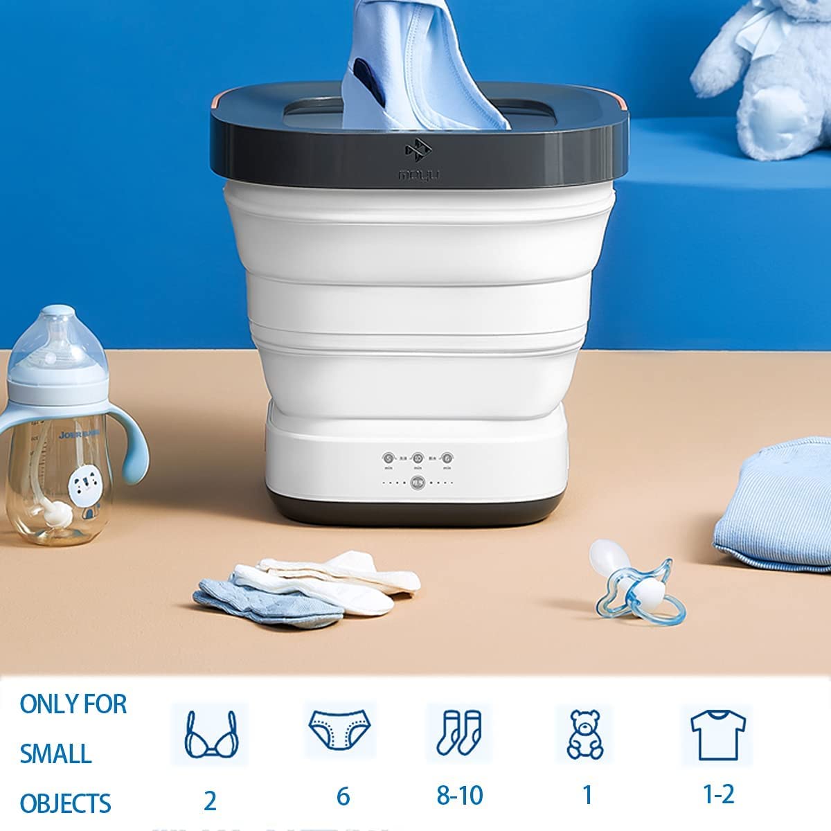 MOYU Mini Portable Bucket Washer Foldable Washing Machine with Soft Spin Dry and Drainage Pipe Pink (English User manual and button labels)