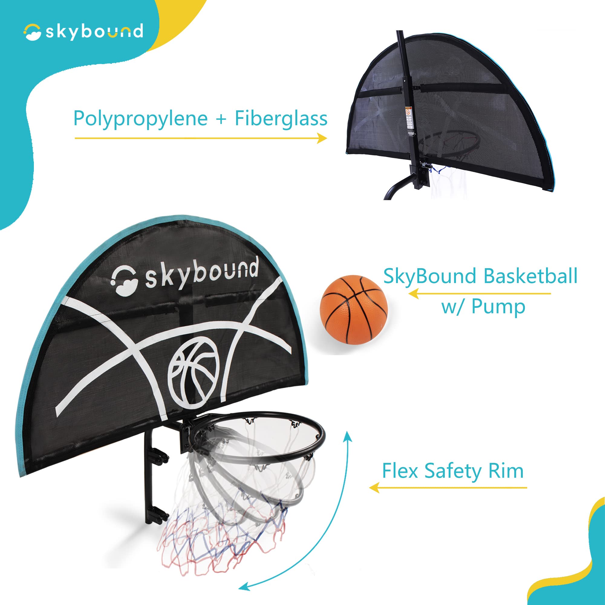 SkyBound Trampoline Basketball Hoop Attachment with Mini Basketball and Pump - Compatible with All Trampolines - Fits for Straight Pole - Safety Hardware - Easy to Assemble