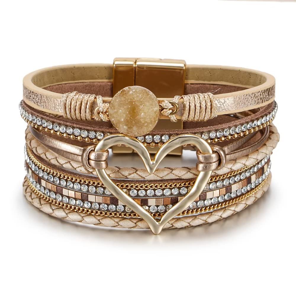 Todu Leather Wrap Bracelet Beaded Cuff Bracelet with Heart-shape Decor Bohemian Crystal Bracelet for Women Birthday Holiday Gift (Gold)