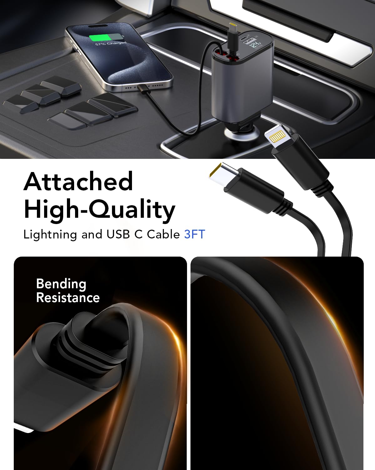 Retractable Car Charger, 4 in 1 Fast Car Phone Charger 66W, Retractable Cables and USB Car Charger,Compatible with iPhone 15/14/13/12/11,Galaxy,Pixel