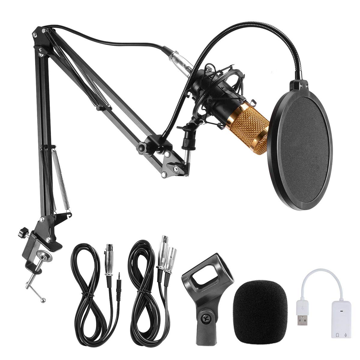 Solar-Power Condenser Microphone, Professional Studio Broadcasting Recording Mic with Adjustable Microphone Suspension Scissor Arm Stand Shock Mount, Mounting Clamp Kit and USB Audio Adapter, BM-800