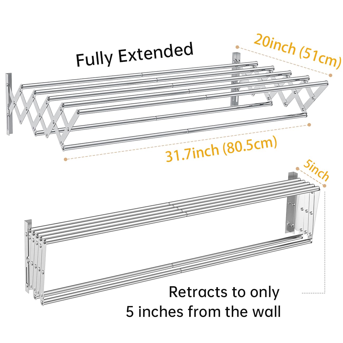 MrToNo Wall Mounted Clothes Drying Rack, Rustproof Accordion Retractable Drying Rack for Laundry Room/Bathroom Tower,Easy to Install with 7 Drying 31.5-inch Rods, 80 lbs Large Capacity