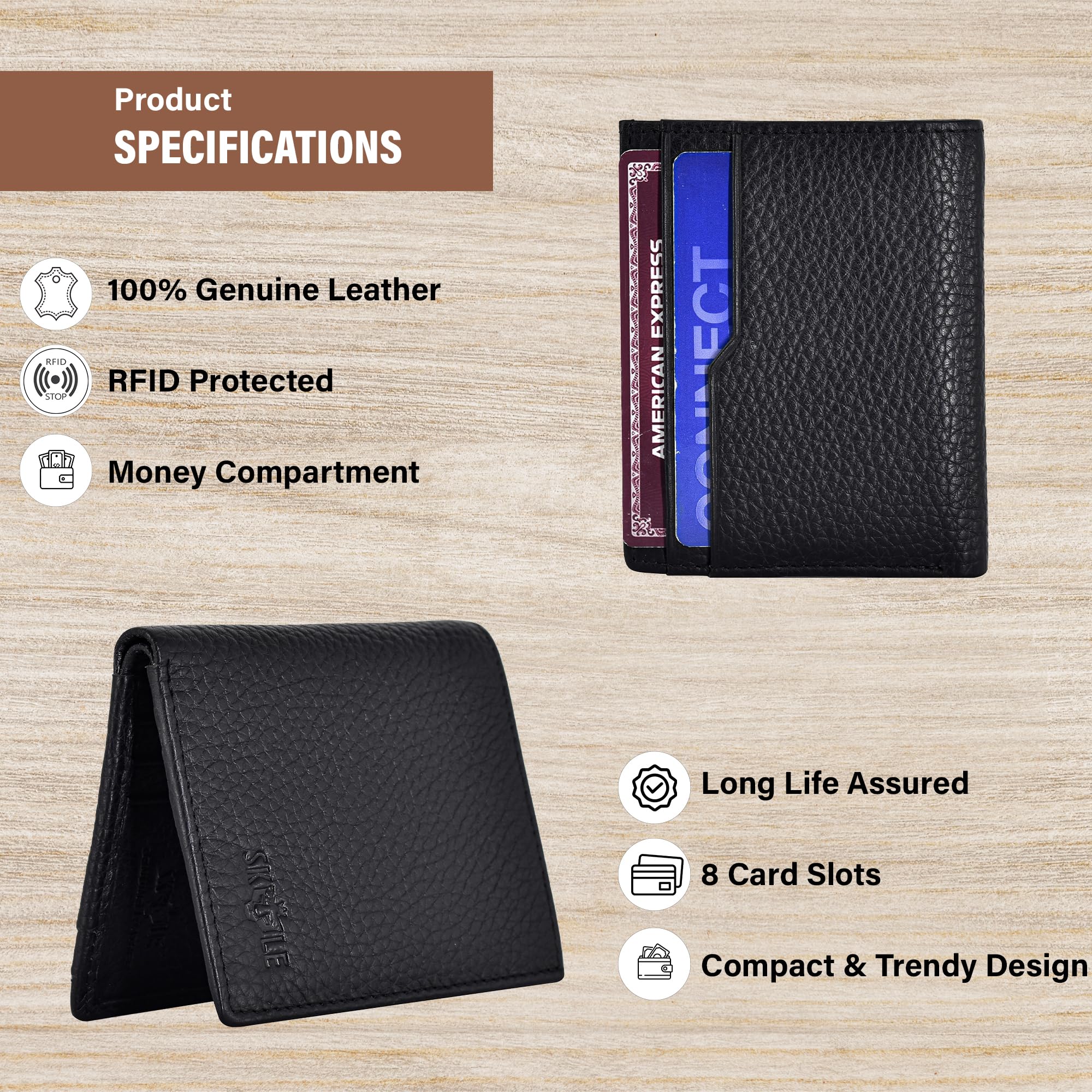 skyle Mens Leather Wallet (Black), Front Pocket Wallets for Men, Card Holder Wallet, RFID Wallet, Black Wallet for Men, Smart Wallet for Men, Business Card Organizer, Slim Wallet, (J02-8514)