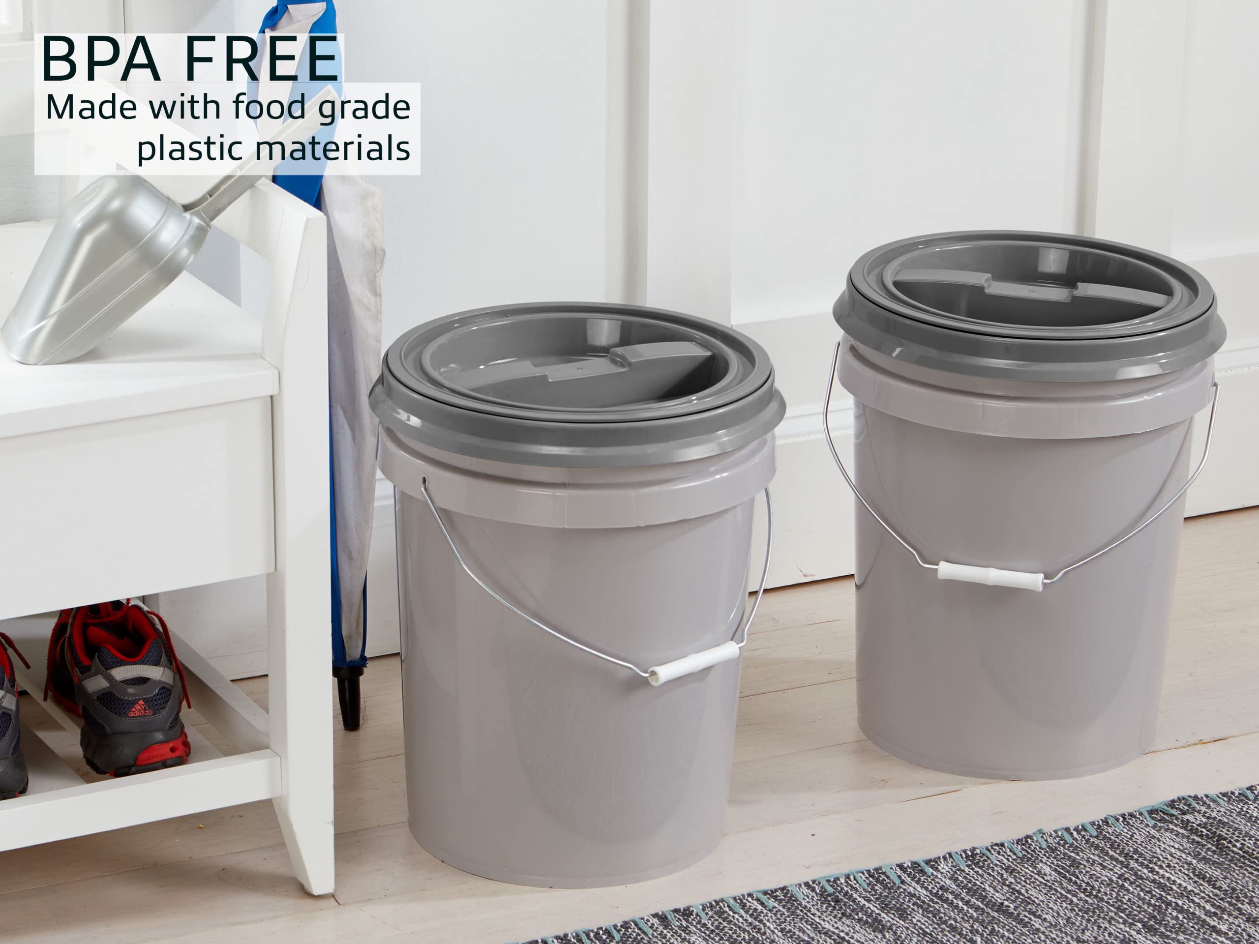 Mighty Tuff 5 Gallon / 21 Pound Pet Food Storage Container, Pack of 2 with Metal Handle and Airtight Lid to Lock in Freshness, Light Grey Base & Dark Grey Lid