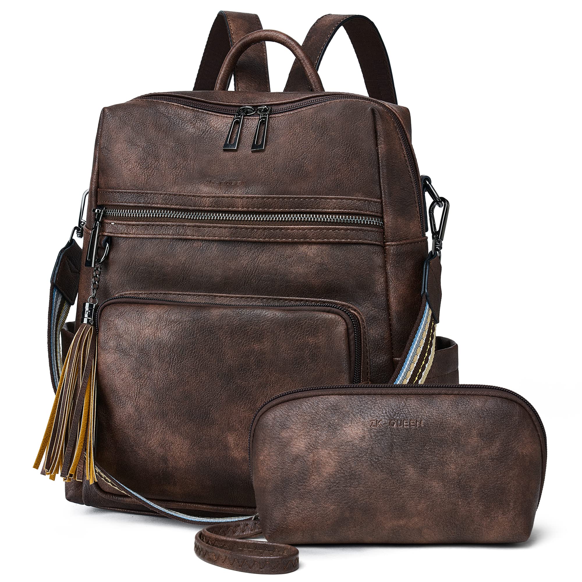 ZK-Queen Backpack Purse for Women Fashion Leather Designer Backpack Purses With Wristlets Travel Shoulder Bags With Tassel