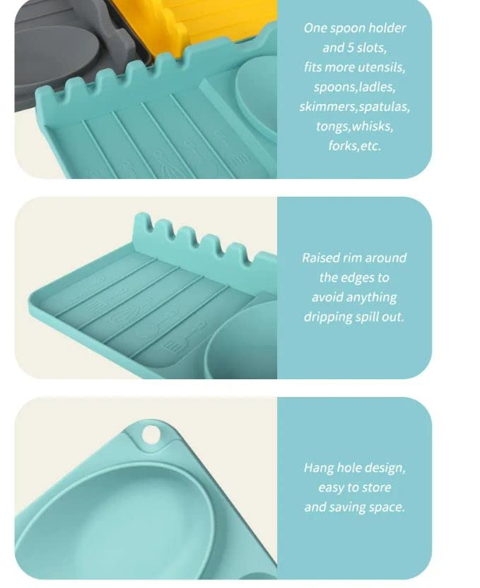 Zilicone Valet Silicone Spoon Rest with Drip Pad - 5 Slotted Spoon Rest for Kitchen Utensils, Tongs, Ladles - Heat Resistant Spoon Holder for Stove Top, Countertops, & Tables (Blue, 1)