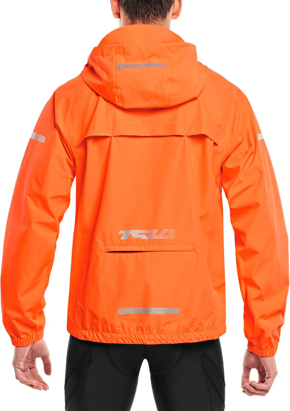 TSLA Men's Cycling Waterproof Jacket, Reflective Hoodie Windbreaker, Packable Bike Rain Jackets with Back Pocket, Cycling Neon Orange, Large