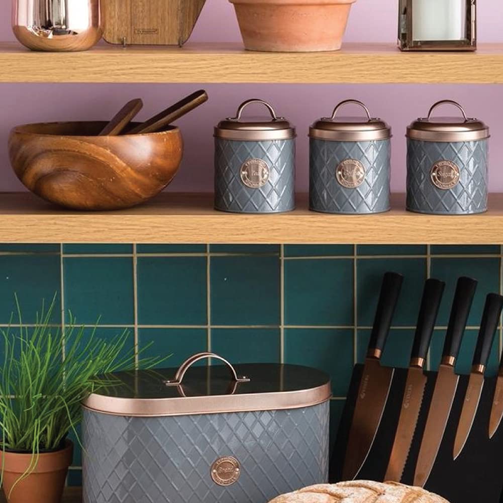 Typhoon 1401.664 Henrik Storage Canister | Hardwearing Coated Steel Tinware with Copper Lid and Badge | Keeps Pasta Fresh for Longer | Grey, 110mm x 110mm x 270mm