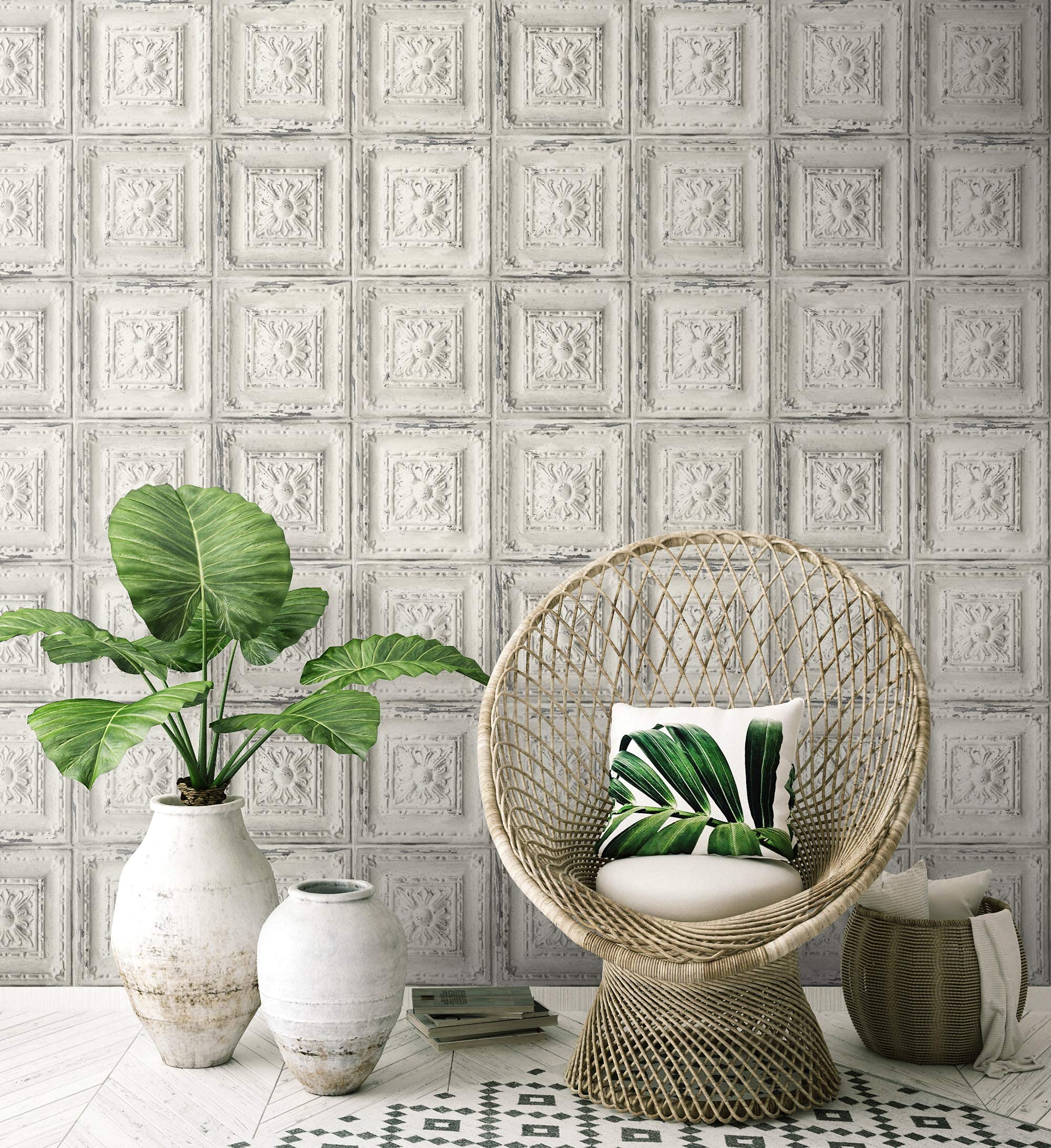 NextWall Distressed Faux Tin Tile Peel and Stick Wallpaper