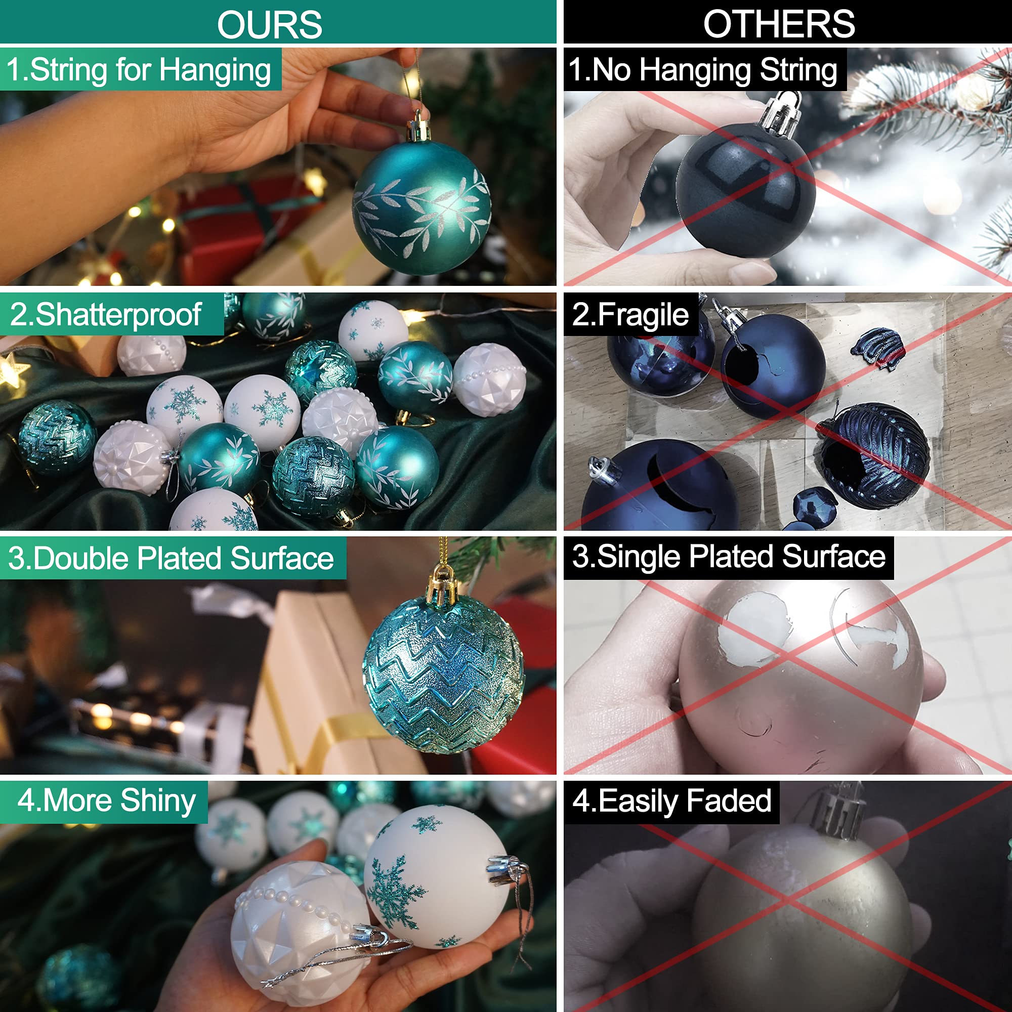 PIIDUOO Christmas Balls Ornaments for Xmas Tree - Small Shatterproof Christmas Tree Decorations White Teal Balls Ornament Plastic, 2.36 Inches | 60mm, Set 16pcs