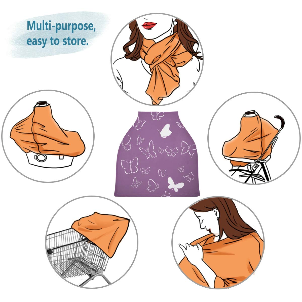 Nursing Cover Breastfeeding Scarf Silhouettes Butterflies - Baby Car Seat Covers, Stroller Cover, Carseat Canopy (801i)