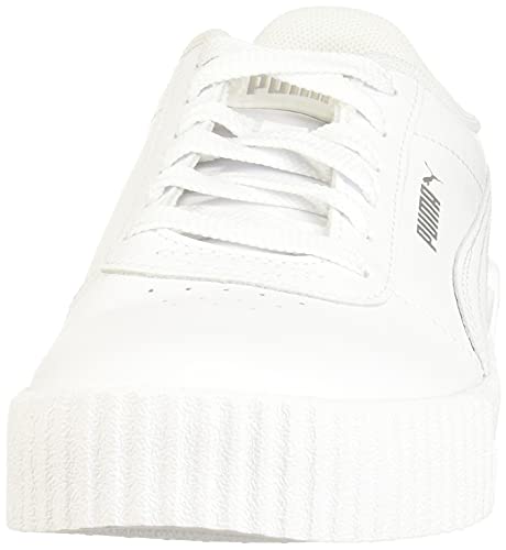 PUMA Womens Carina Leather Sneaker, PUMA Womens White-PUMA Womens White-PUMA Womens Silver, 6.5