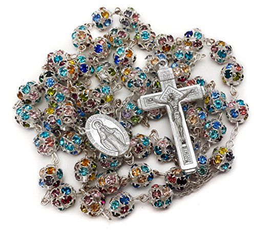 Nazareth Store Colorful Zirconia Crystal Beads Rosary Silver Catholic Necklace with Miraculous Medal Cross Crucifix Multicolor Rosaries in Velvet Bag