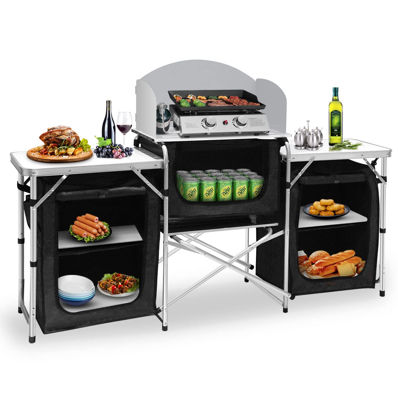 Slendor Portable Camp Kitchen Camp Kitchen Table Aluminum Outdoor Camping Cooking Station Folding Camp Table with Storage and Windscreen for Picnic