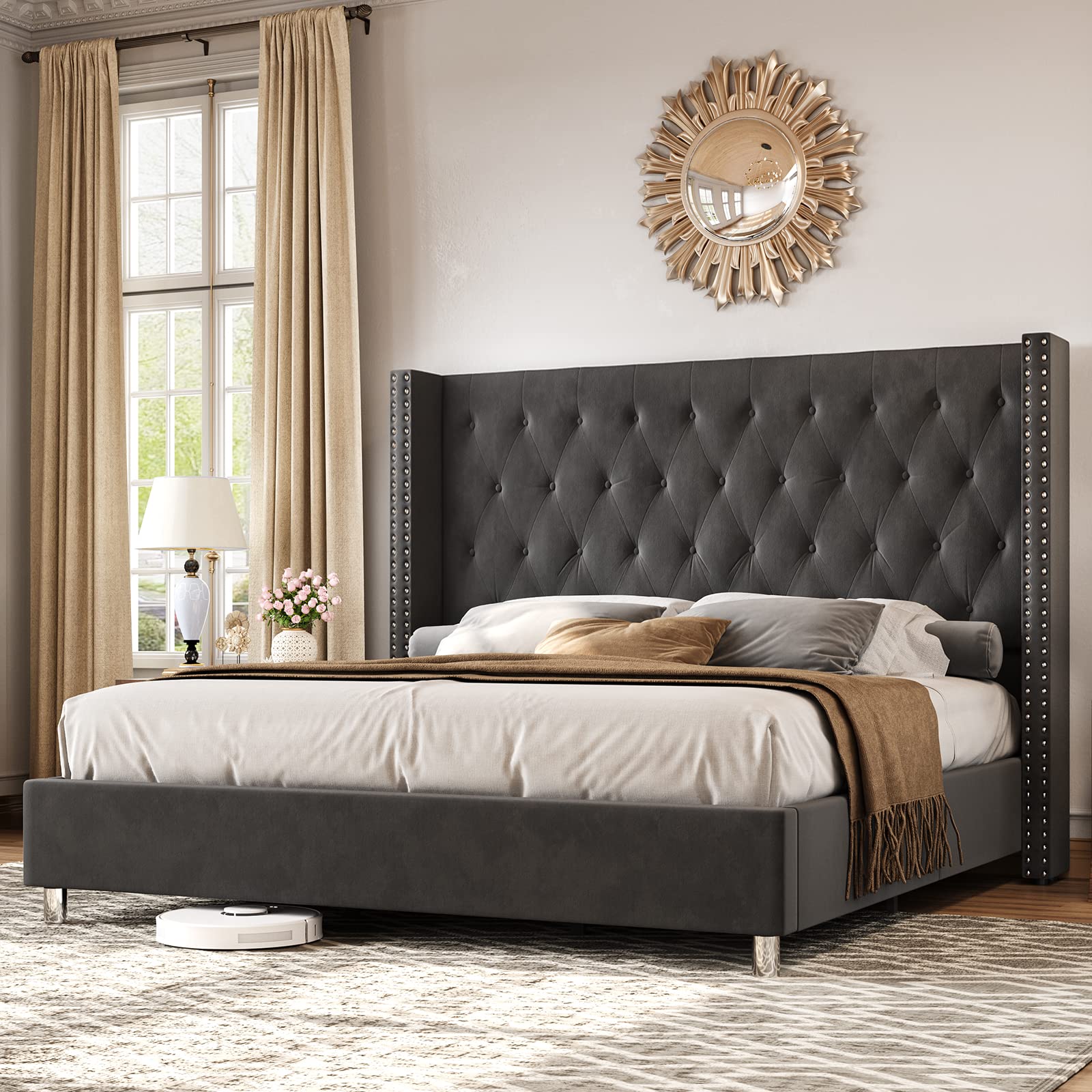 PaPaJet Lift Up Storage Bed King Size Upholstered Platform Bed Frame Button Tufted Wingback Headboard Hydraulic Lifting Storage Underneath/Wood Slats Support/Easy Assembly/Black
