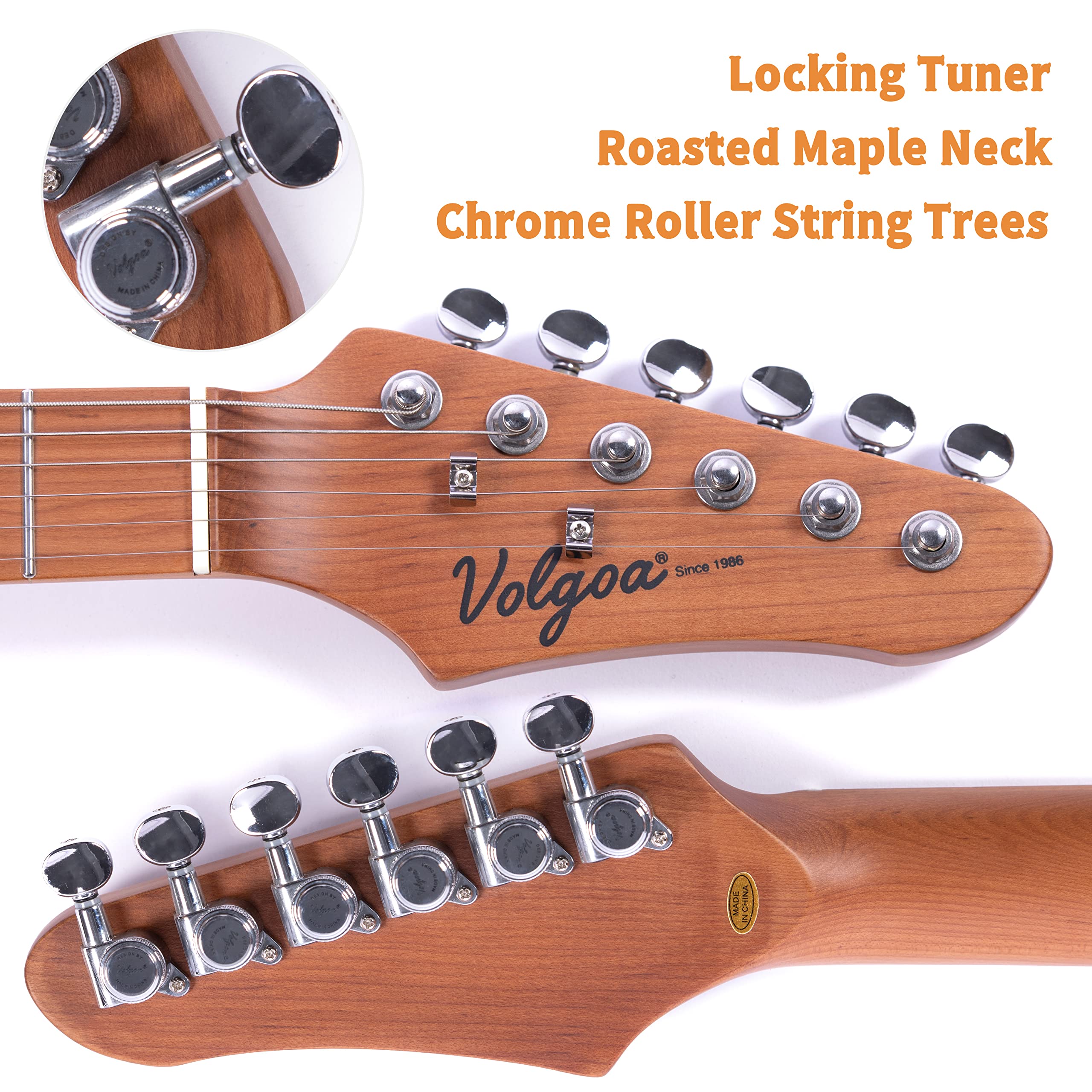 Volgoa VVS 6-String Solid Body Electric Guitar with Alder Body,Stainless Steel Frets,Featuring Tremolo System, with Plastic Pearl Pickguard and String Tree (Orange)