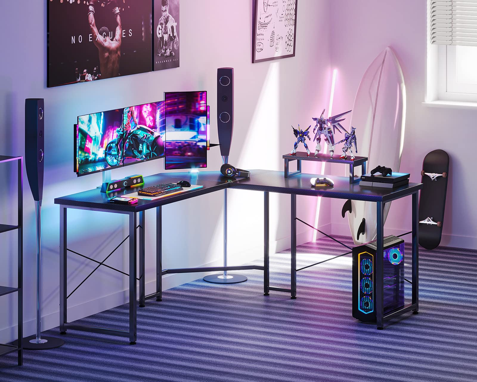 ODK L Shaped Gaming Desk with 4 Drawer Storage Cabinet Dresser, Black Carbon Fiber Computer Desk and Black Dresser