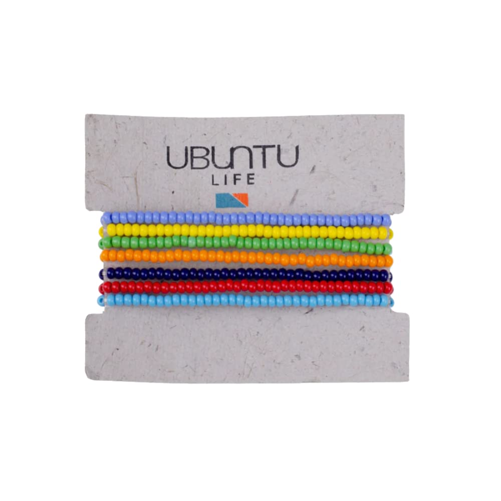Ubuntu Life Rainbow Glass Bead Bracelet Pack – Pack of 7 Handmade, Elastic Nylon and Glass Beaded Bracelets, Bright and Colorful Stretch Bracelet Set (Rainbow, 7-Pack)