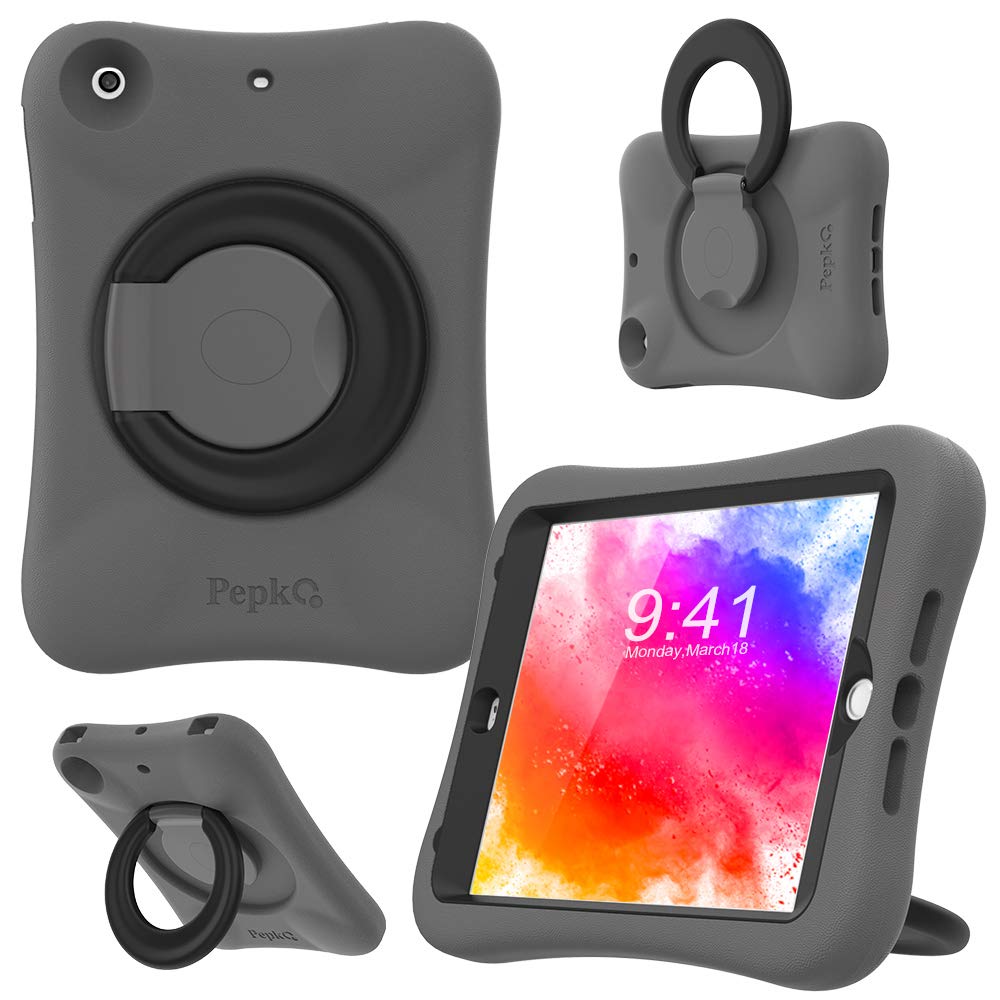 PEPKOO Kids Case for iPad Mini 1 2 3 – Lightweight Flexible, Folding Handle Stand, Full Body Rugged Boys Girls Cover for Apple iPad Mini 1st Generation 2nd Gen 3rd Gen 7.9 inch, Gray Black