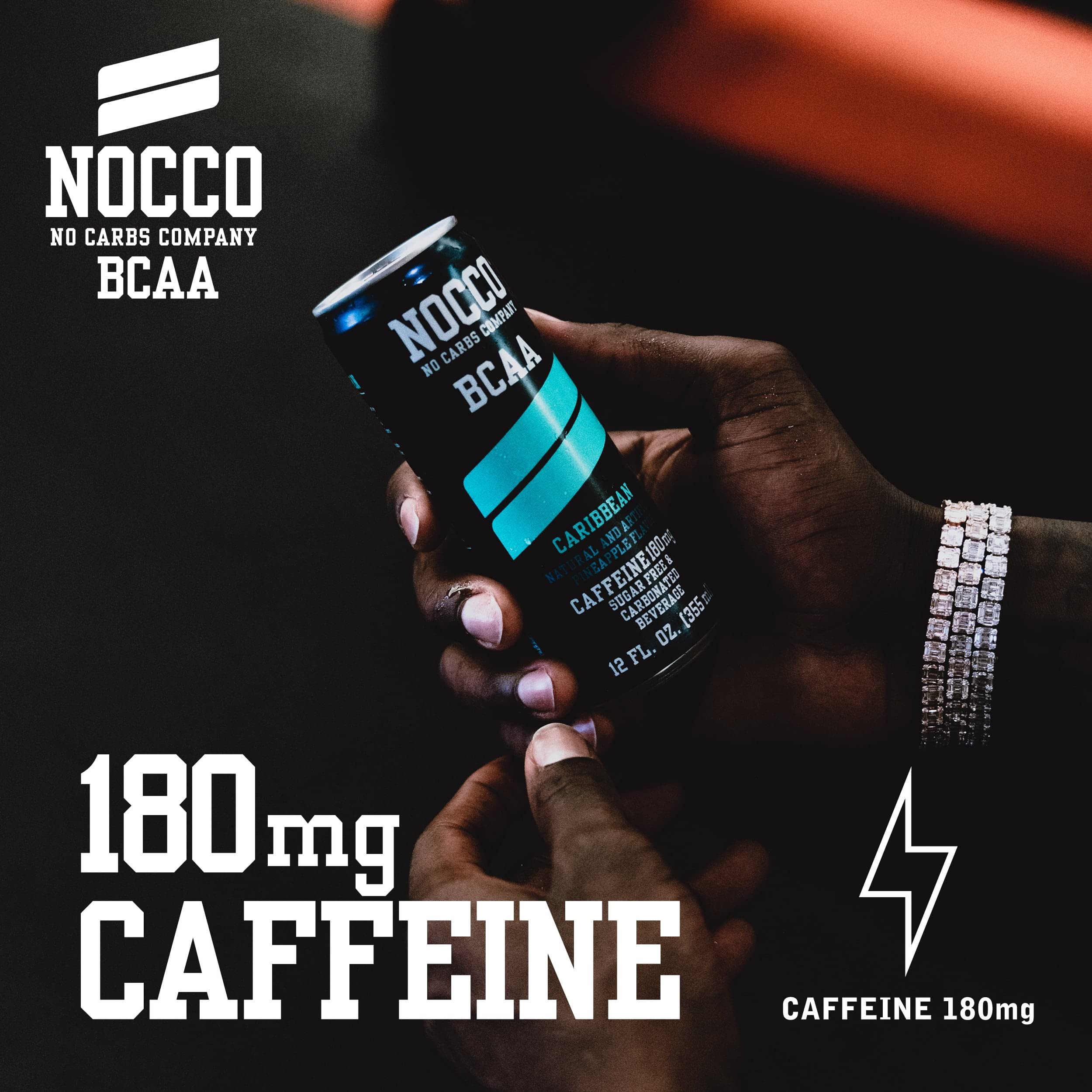 NOCCO BCAA Energy Drink Caribbean Pineapple - 12 Fl Oz (Pack of 12) - 180mg Caffeine, Sugar Free Energy Drinks - Carbonated, Low Calorie, BCAAs, Vitamin B6, B12, & Biotin - Grab & Go Performance Drink