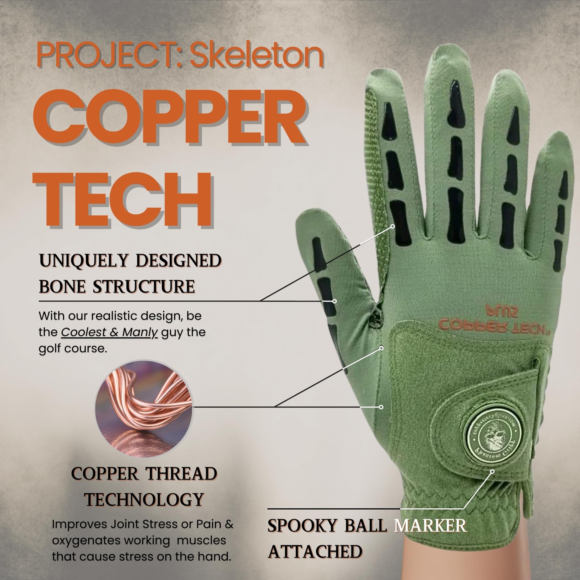XEIRPRO Copper Tech Men's Golf Gloves - Skeleton Pattern with Ball Marker β Perfect for Summer - Copper Infused Mens Golf Gloves (Green/Black, XL, Left)