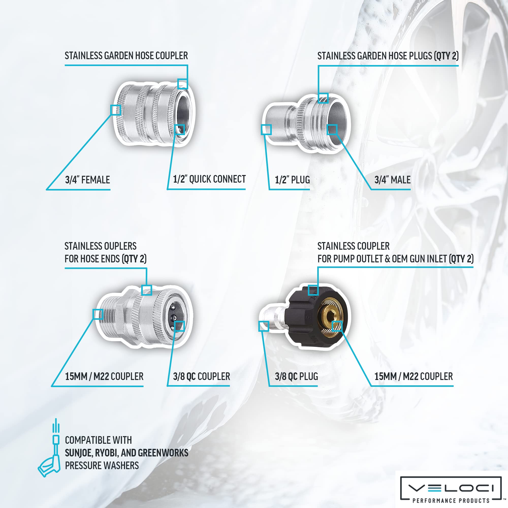 MTM Hydro Stainless Steel Pressure Washer 7-piece Hose Adapter Kit for use with Foam Cannons, Pressure Washers and Hoses
