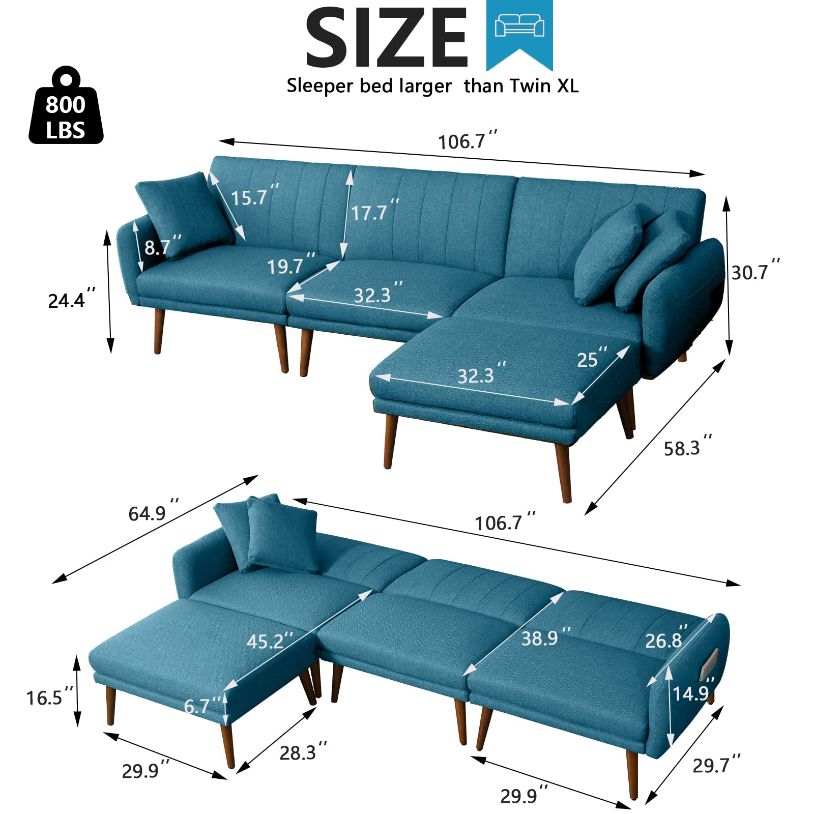 NOBLEMOOD Sleeper Sectional Sofa Bed for Living Room, L-Shaped Linen Fabric Couch Sofas with Reclining Backrest and Removable Ottoman (Blue)