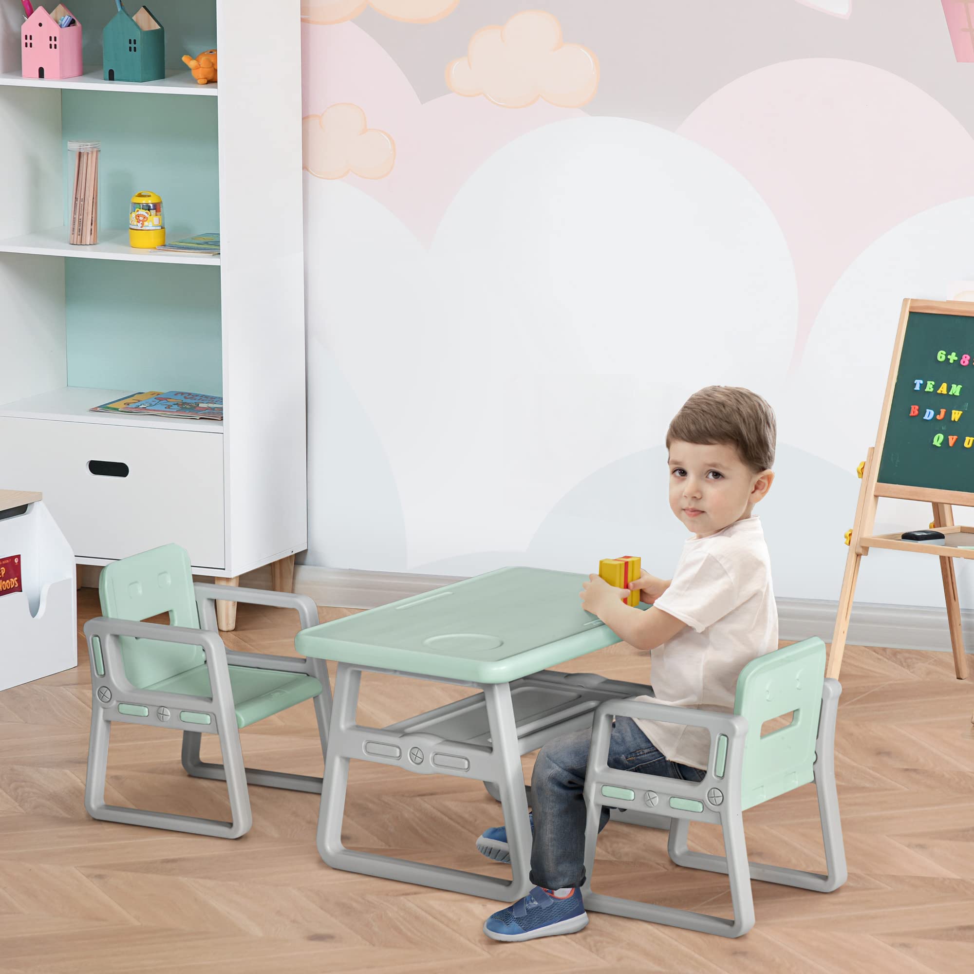 Qaba 3-Piece Kids Table and Chair Set Writing Desk with Armrest, Storage Space for Toddler Activities, Green