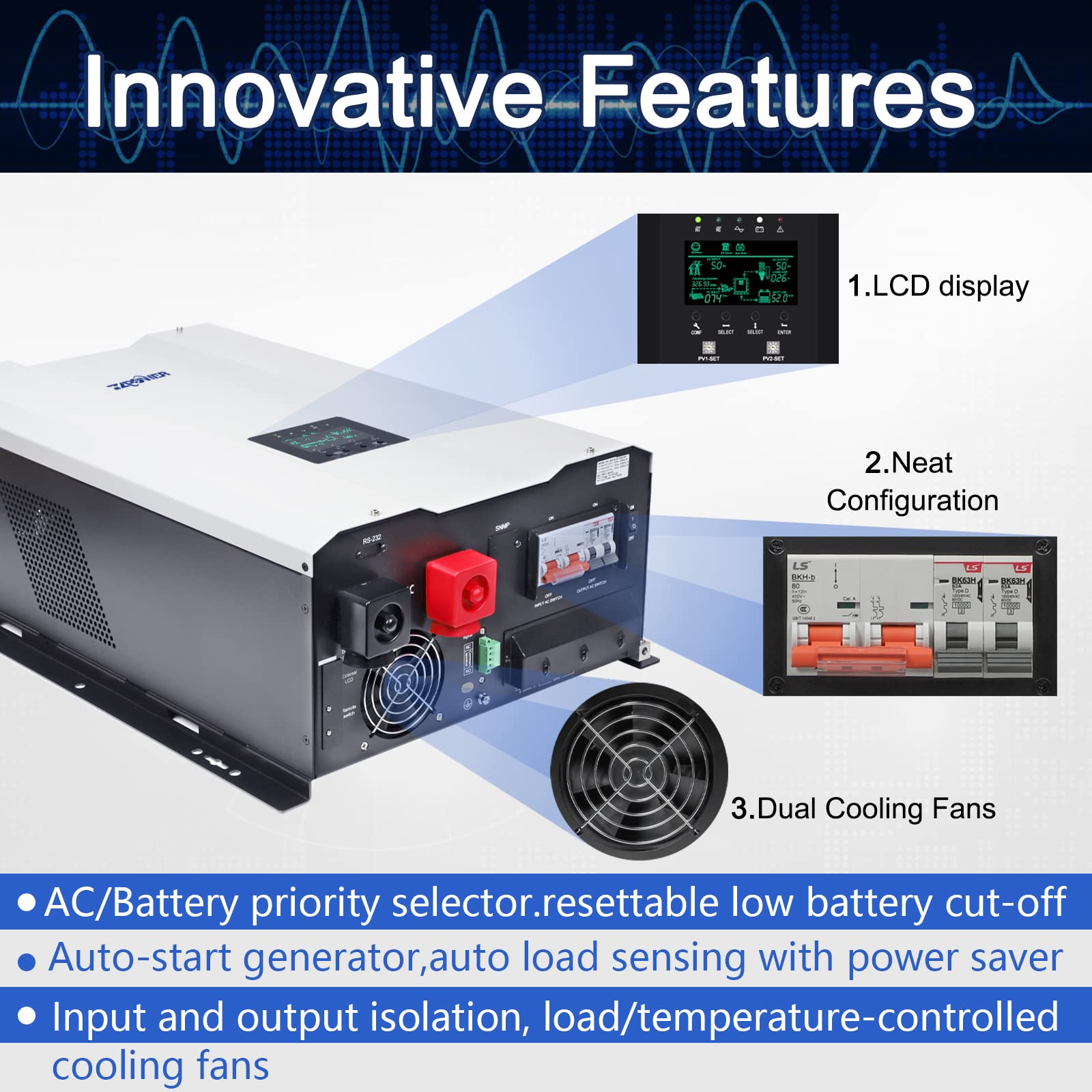 ZLPOWER UL1741 10KW Solar Off Grid Inverter 110/220Vac Low Frequency DC 48V AC Input 240V AC Output 120V/240V Split Phase Pure Sine Wave Power Converter,with 2x60A MPPT Charger Controller 10000W