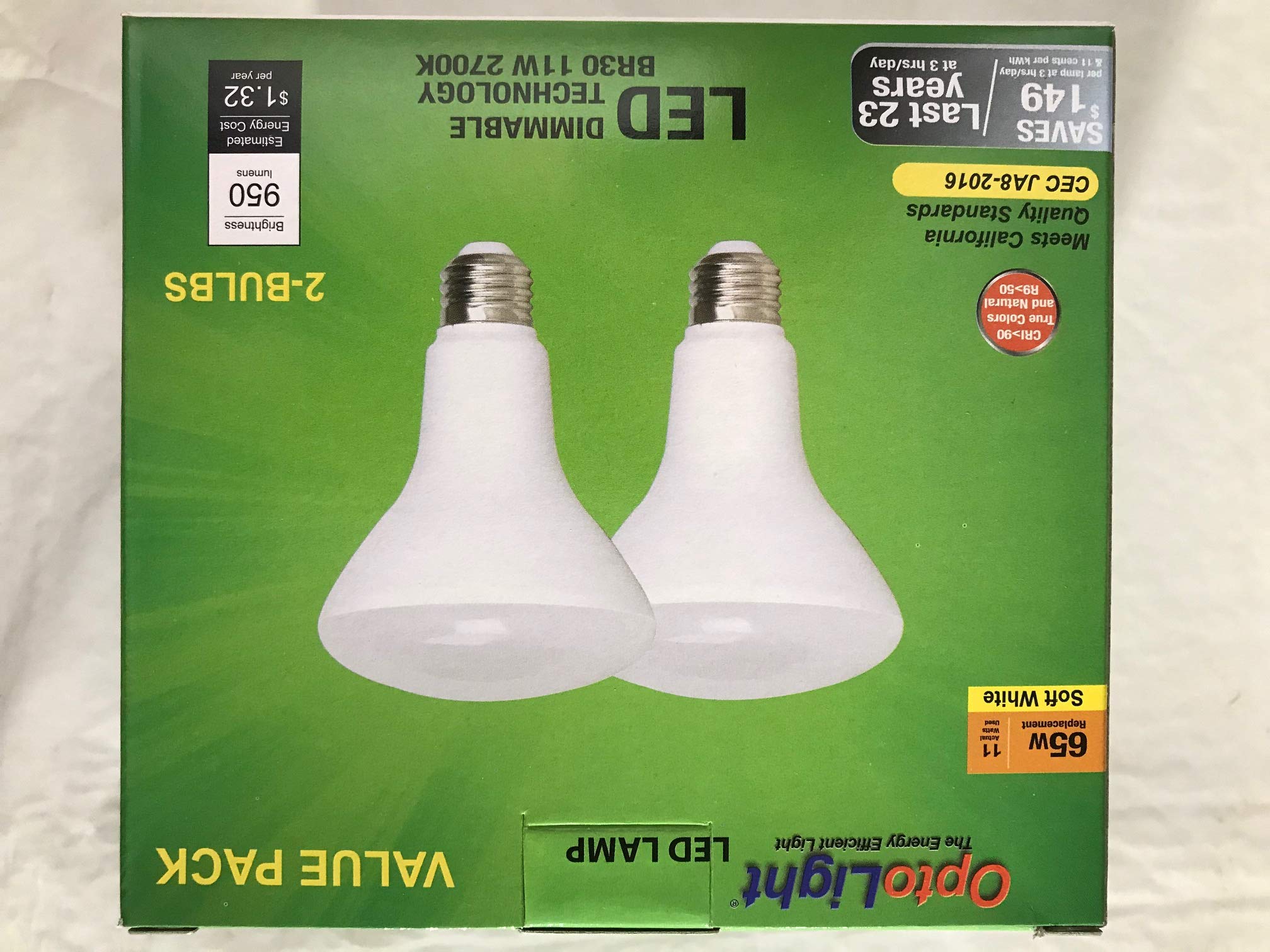 Pack of 2 OptoLight 11W 65W BR30 Dimmable Replacement