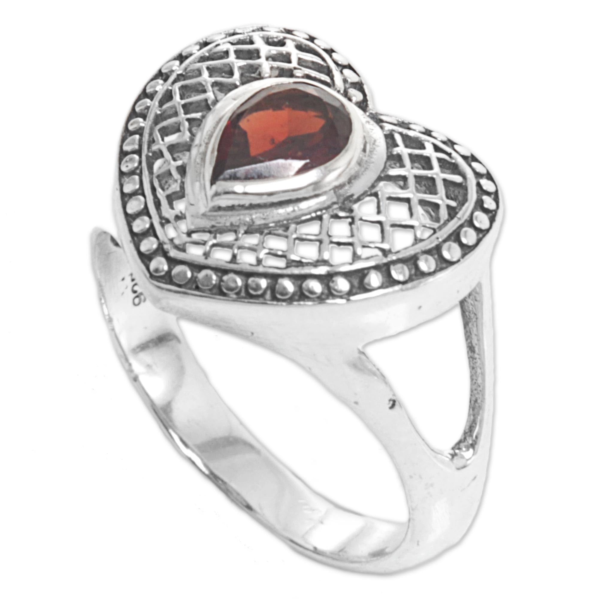 NOVICA Artisan Handmade Garnet Cocktail Ring .925 Sterling Silver Indonesia Aurora Birthstone 'Bali Heart in Red'