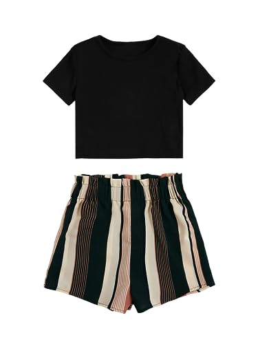 SOLY HUX Girl's Summer 2 Piece Outfits Short Sleeve Crop Top and Cute Print Shorts Sets Cute Clothing Set White Black Striped 11-12Y