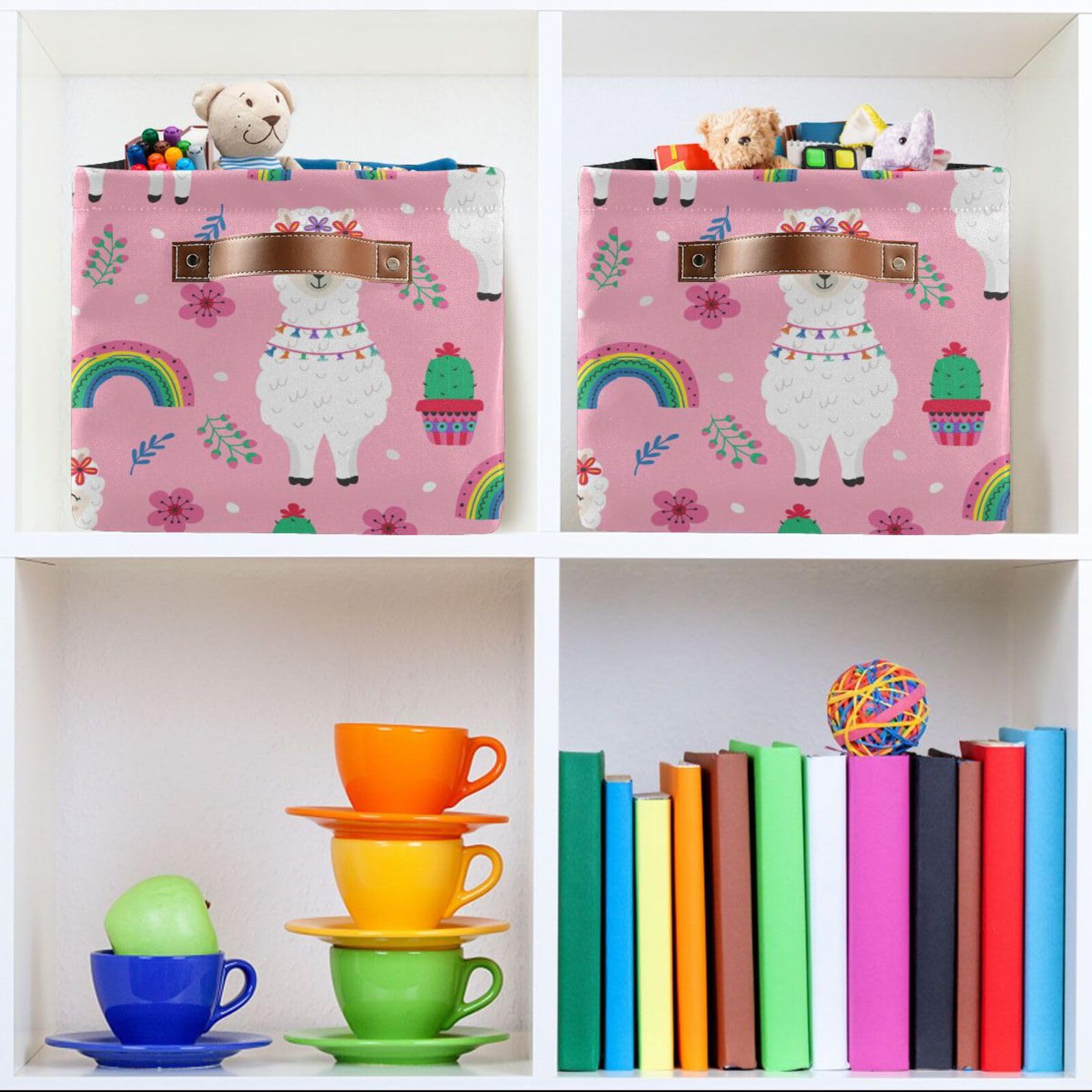 Pink Llama Rainbow Storage Basket Bins Foldable Laundry Hamper Toy Storage Bins Box Organizer for Playroom Living Bed Room Office Clothes Nursery,1 pcs
