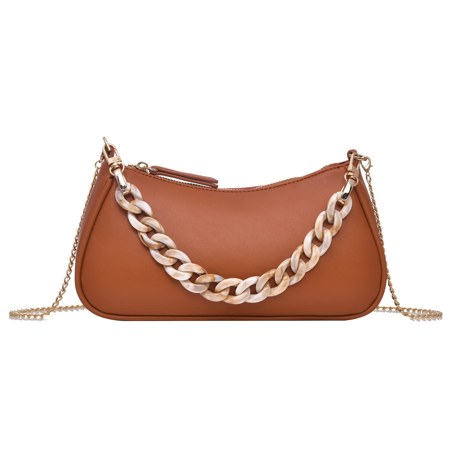 Women's Acrylic Chain Small Crossbody Bag Lambskin Texture PU with Soft and Smooth Handle for Fashionable Daily Look (Brown)