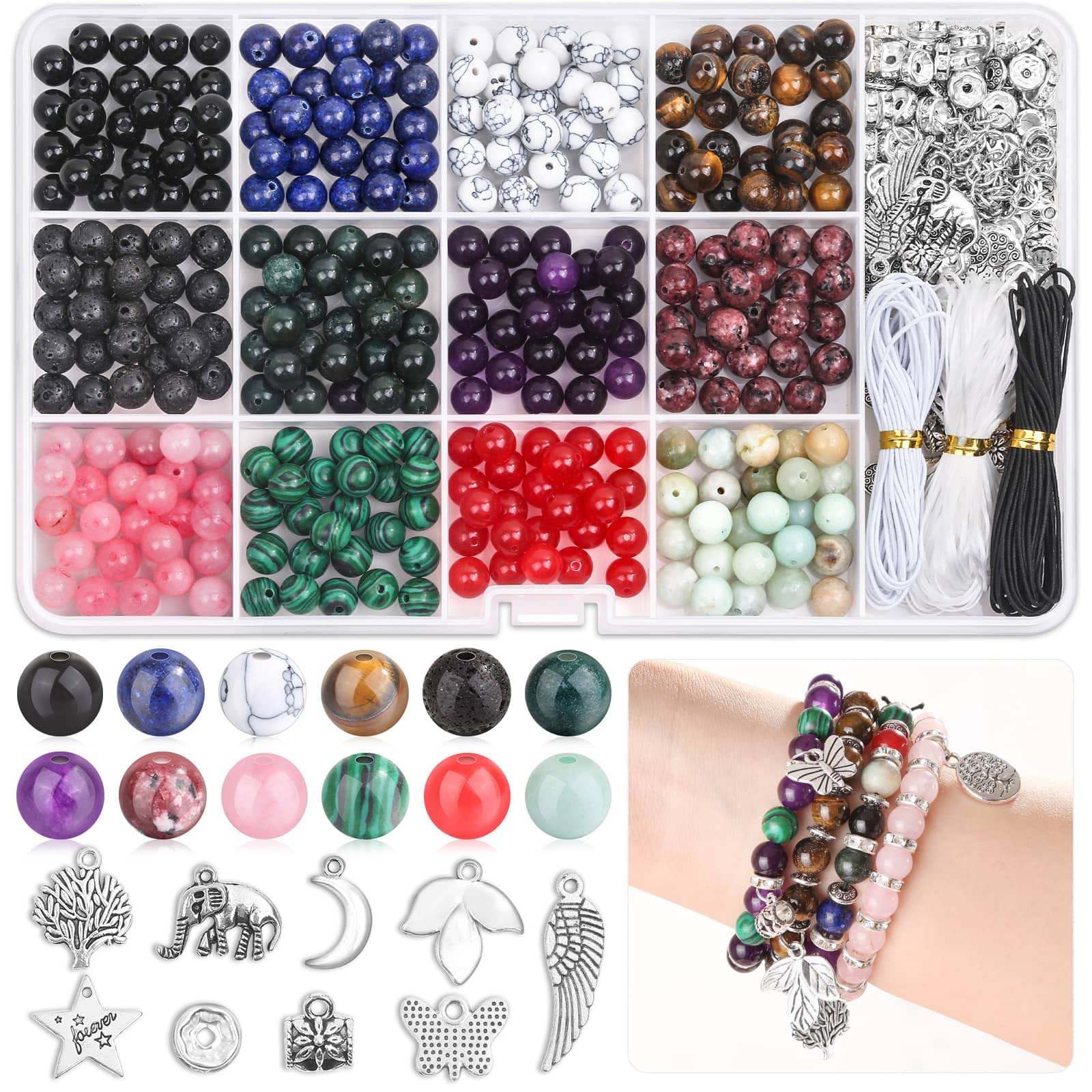 Paxcoo 500pcs Lava Beads Stone Rock with Chakra Beads and Spacer Beads for Essential Oil and Jewelry Making Multicolored