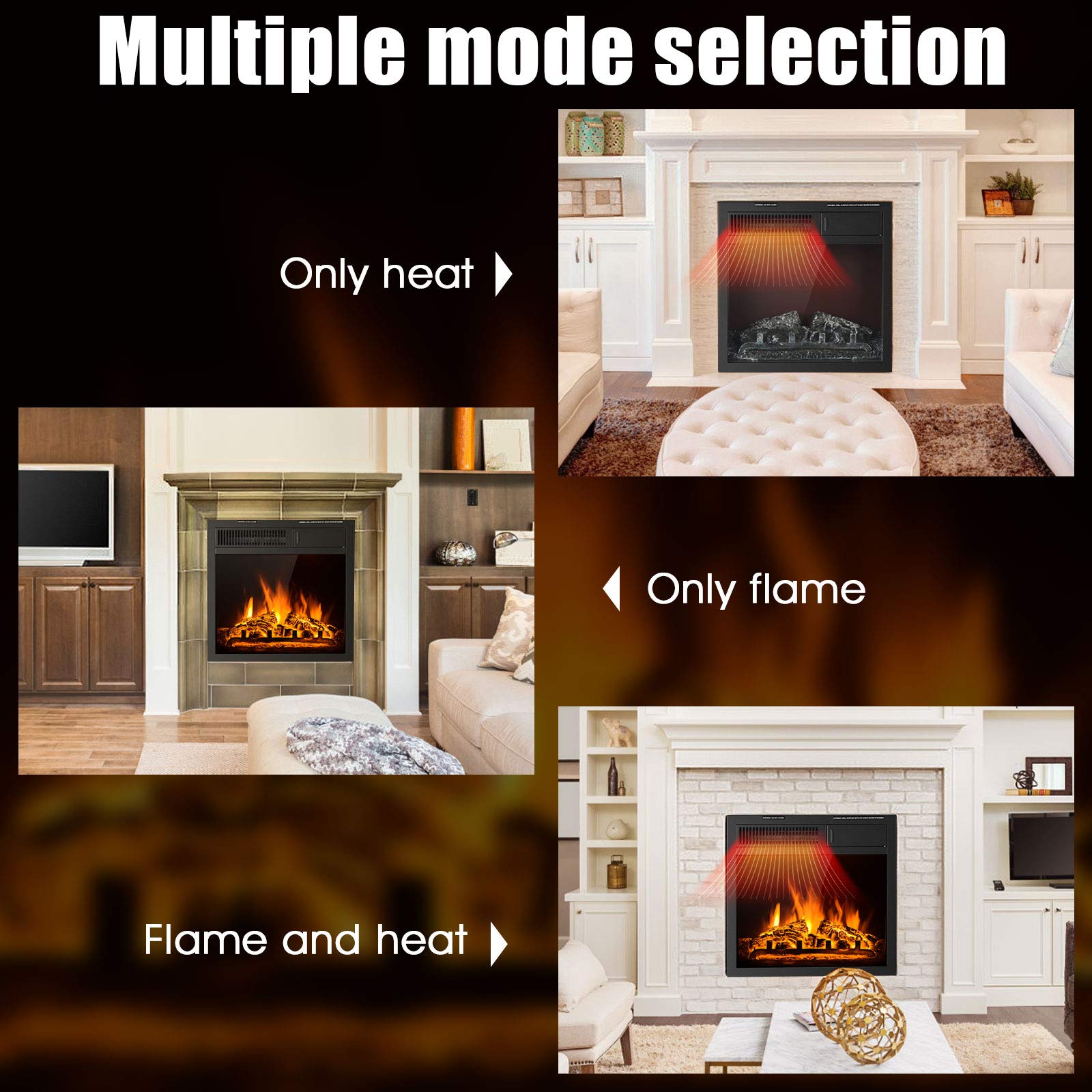 Tangkula 18 Inch Electric Fireplace Insert, Freestanding & Recessed Electrical Fireplace Heater with Remote Control, Adjustable Heater, 7 Log Hearth Flame Settings, Indoor Electric Stove Heater (18")