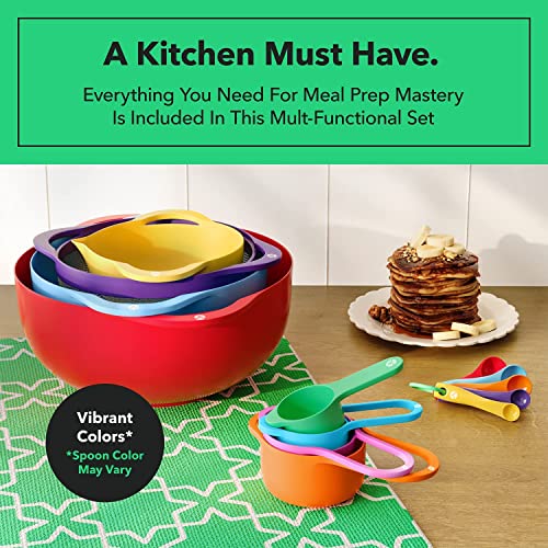 Vremi 13 Piece Mixing Bowl Set - Colorful Kitchen Bowls Colander Mesh Strainer with Handles Measuring Cups and Spoons - BPA Free Plastic Nesting Bowls with Easy Pour Spout for Baking Cooking and More
