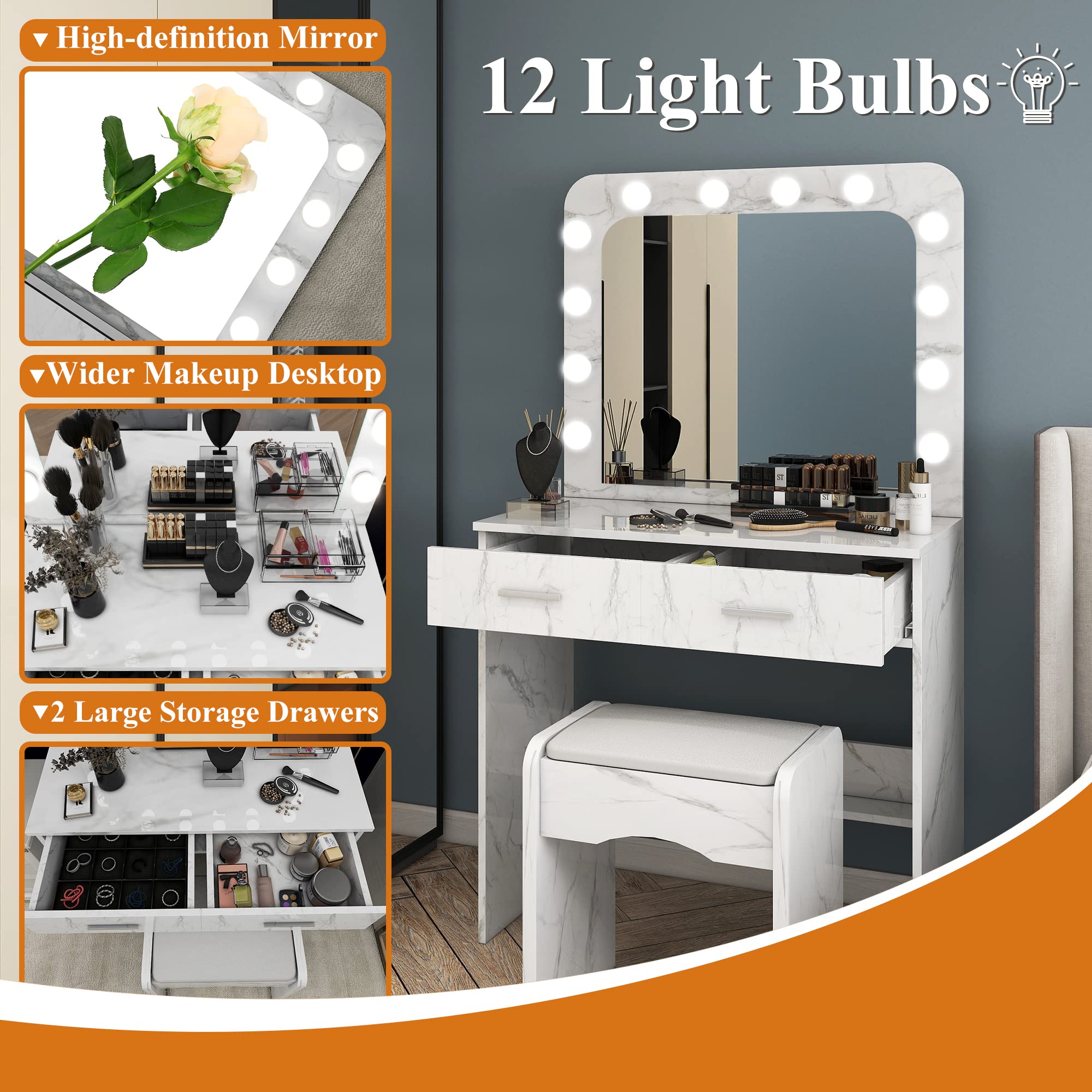NeuType Makeup Vanity , Desk with Mirror, Lights and Table Set, White 2 Drawers Vanity Set with 12 Light Bulbs, Marble Pattern