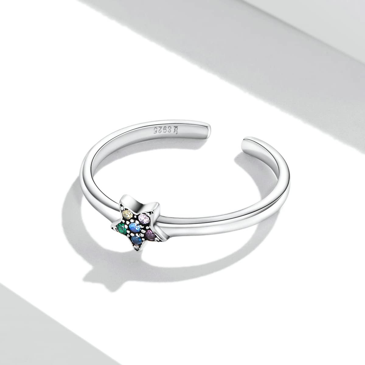 VUZALRANO S925 Sterling Silver Colorful Star and Crescent Moon Open Statement Rings CZ Lucky Star Engagement Promise Eternity Ring Tail Finger Band Wedding Bands, Star