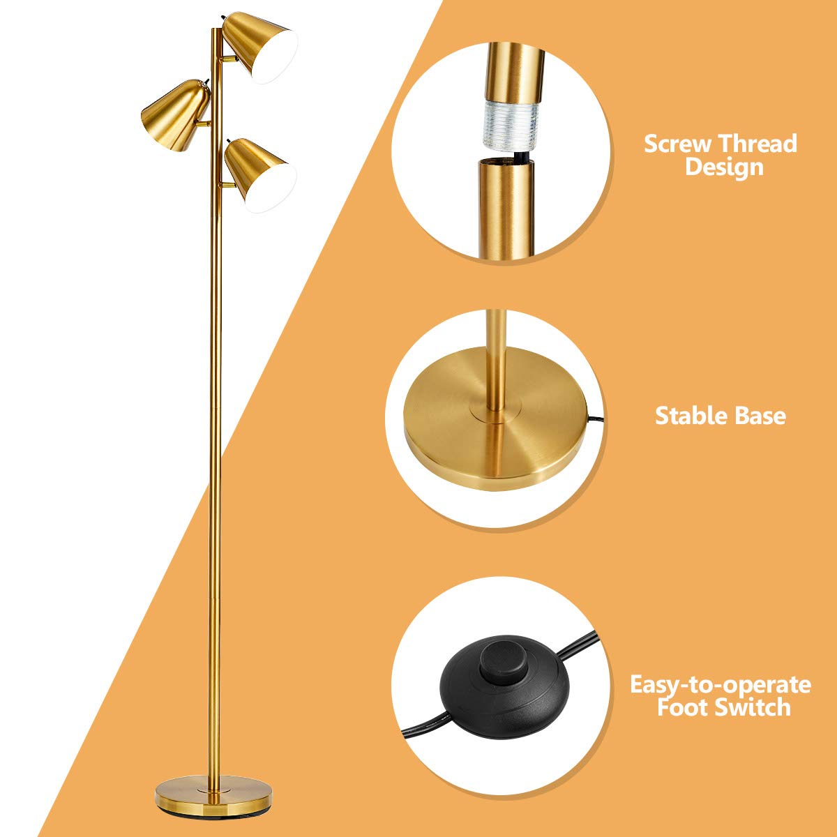 Tangkula 3-Light Floor Lamp, 64β Mid Century Modern Standing Tall Pole Lamp with 3 LED Bulbs and Adjustable Heads, Reading Light for Living Room Bedroom, 360 Lighting (Antique Brass)