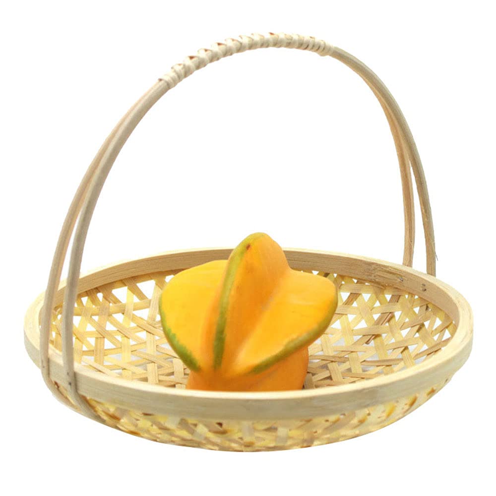 TimesFriend 100% Handwoven Flat Wicker Round Fruit Basket Woven Food Storage Weaved Shallow Tray Organizer Holder Bowl Decorative Rack Display Kids DIY Drawing Board (27cm/10.5")