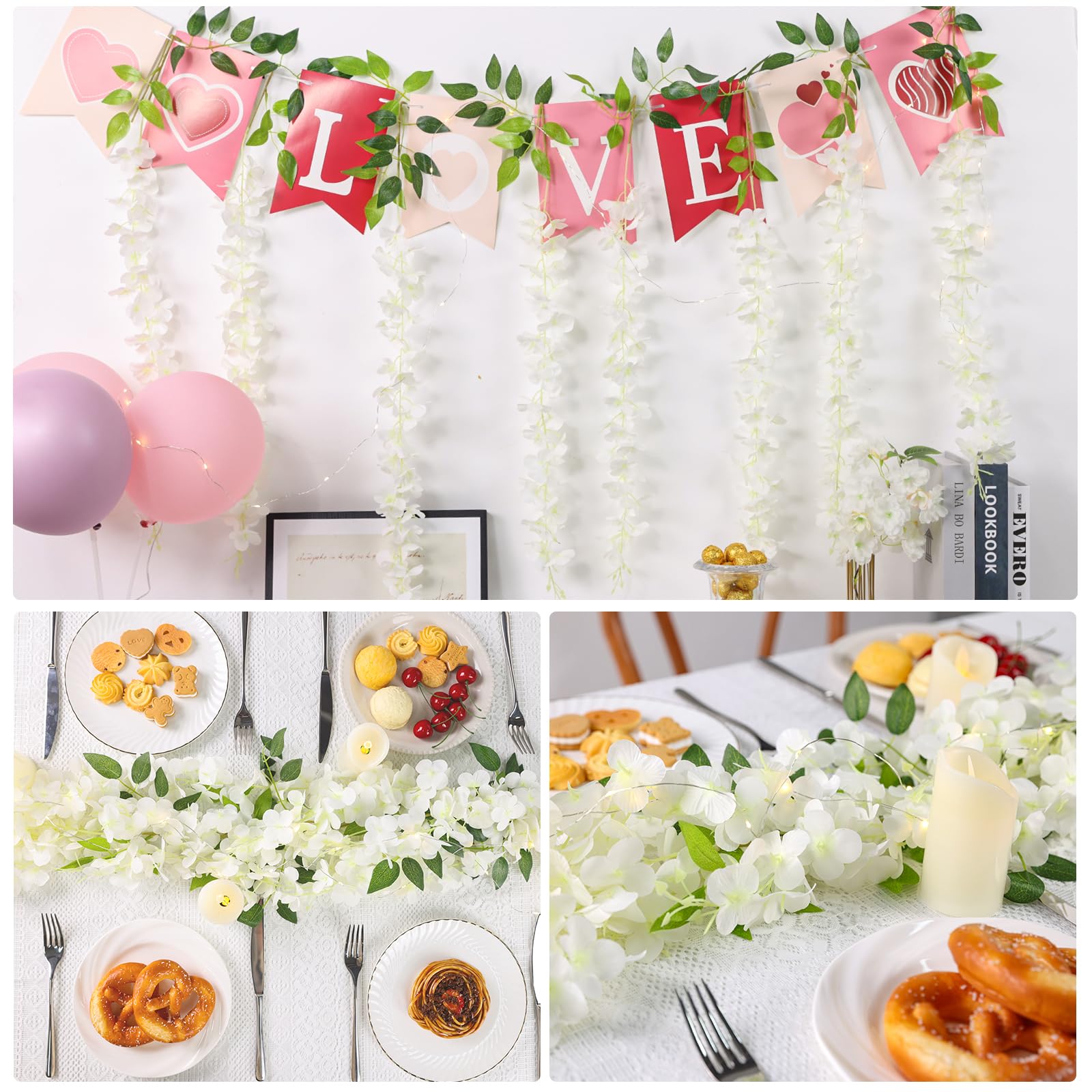 Pauwer Wisteria Hanging Flowers 24 Pack Fake Flower Garland Artificial Wisteria Vines Rattan Silk Flower String Wedding Party Wall Decorations,White