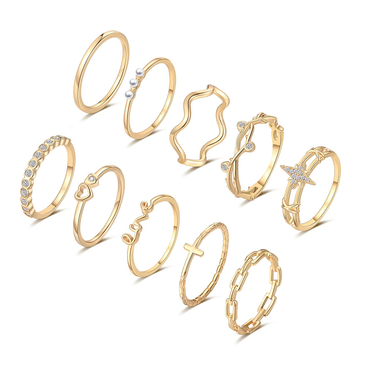 Sunssy 10PCS 14K Gold Plated Stacking Rings for Women,Stackable Knuckle Rings Set Trendy Dainty Silver Ring for Teen Band Wave Thin Rings Size 5-11