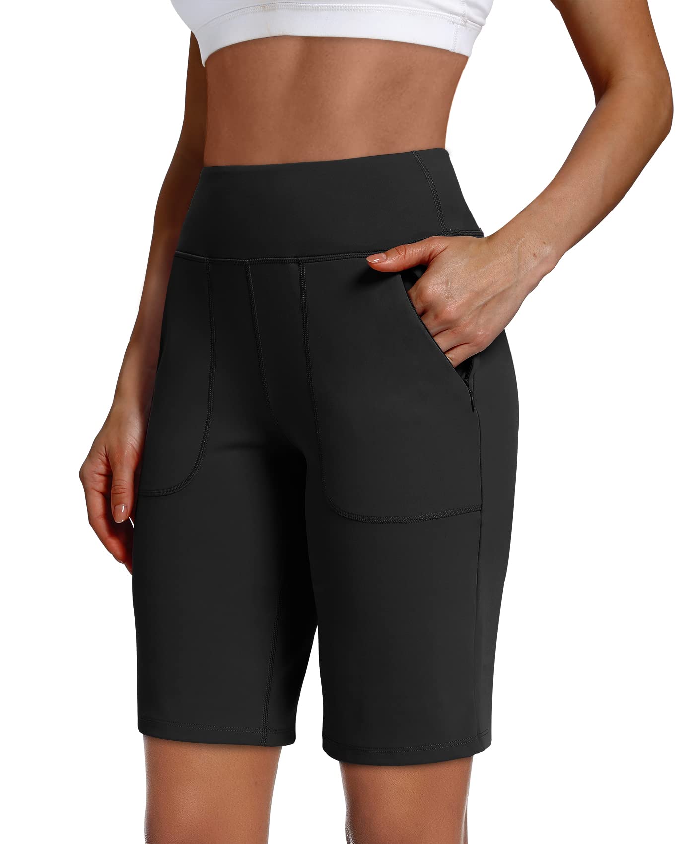 XIEERDUO Women's 10" Bermuda Shorts Long Athletic High Waisted Running Shorts with Zipper Pockets for Walking Casual Summer Black L