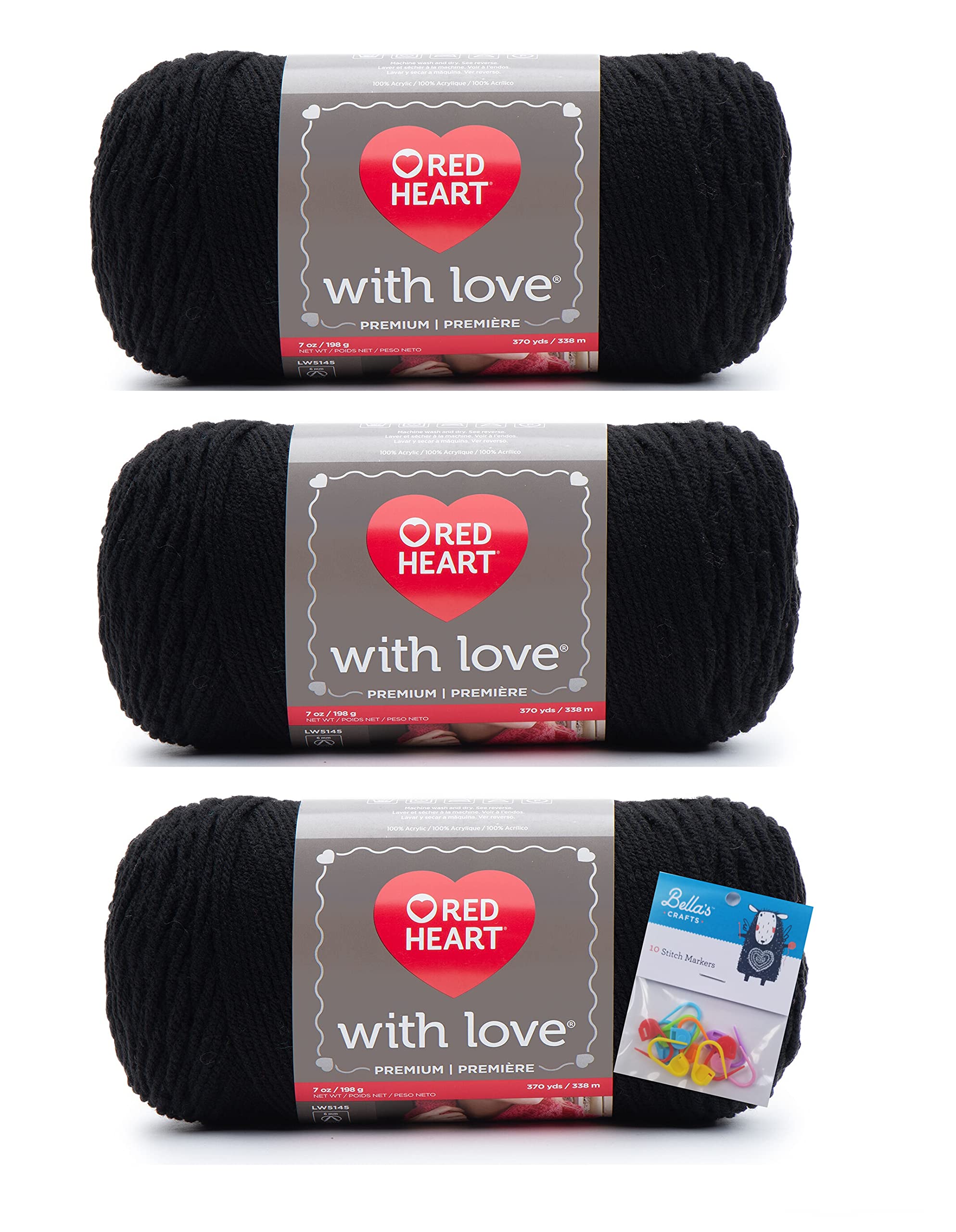 Red Heart Yarn Red Heart with Love Yarn - Black - 3 Pack Bundle with Bella Crafts Stitch Markers