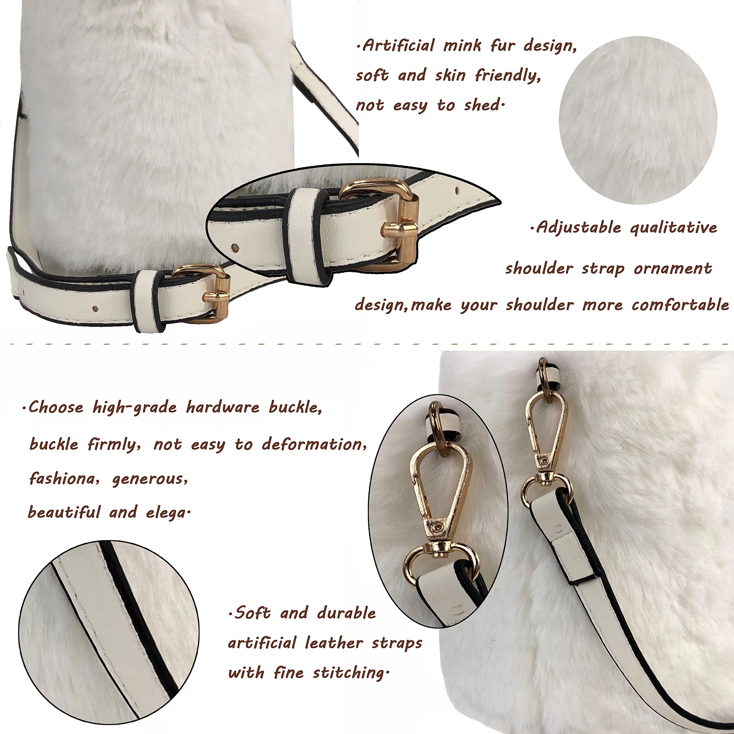 TANJUR Plush Cylinder Bucket Bag Women Vogue Handbag Faux Leather Top-Handle Tote Shoulder Bag (White)
