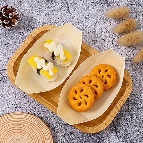 WATHFKCU 5.7 Inch Disposable Bamboo Wooden Sushi Boat Plate Bamboo Appetizer Plates Dishes Sushi Serving Tray Wooden Leaf Boat with 100Pcs Bamboo Picks (5.7inch)