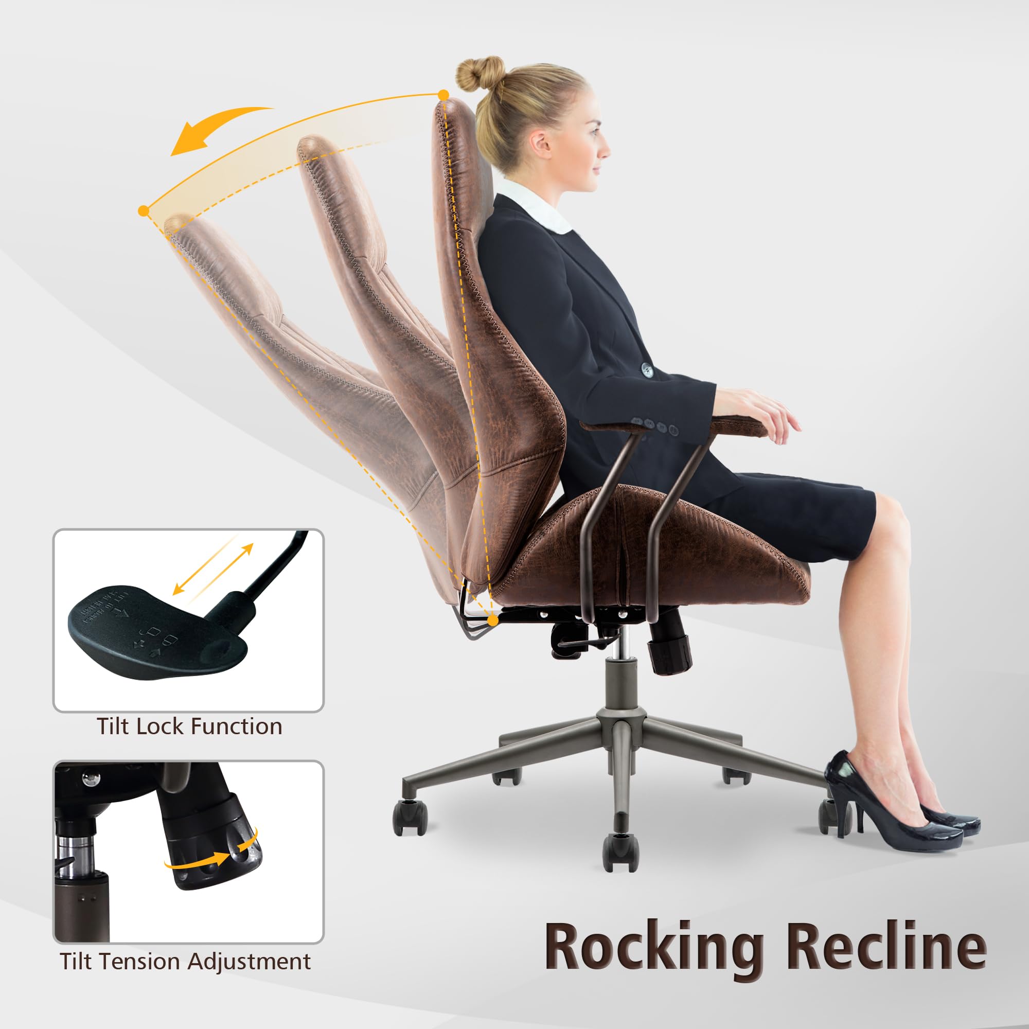 ovios Office Chair, Mid Century Modern Chair with Lumbar Support, Ergonomic High Back Suede Leather Executive Chair with Swivel Rolling Wheels, Dark Brown