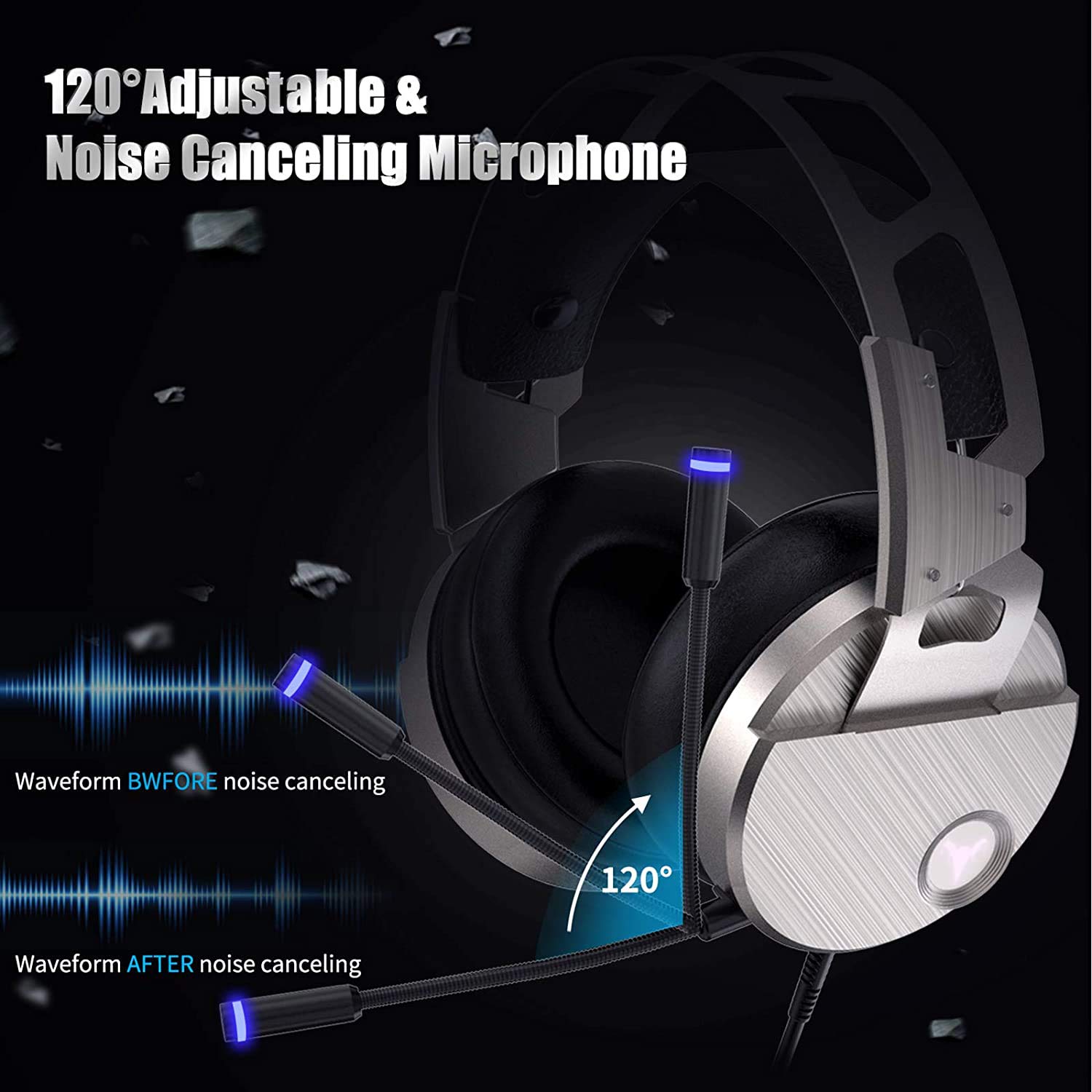 QcoQce Gaming Headset-3D Surround Sound Headphones, Adjustable Noise Cancelling Mic, LED Light, Xbox One Headset with Aluminum Frame for Nintendo Switch, PC, Mac